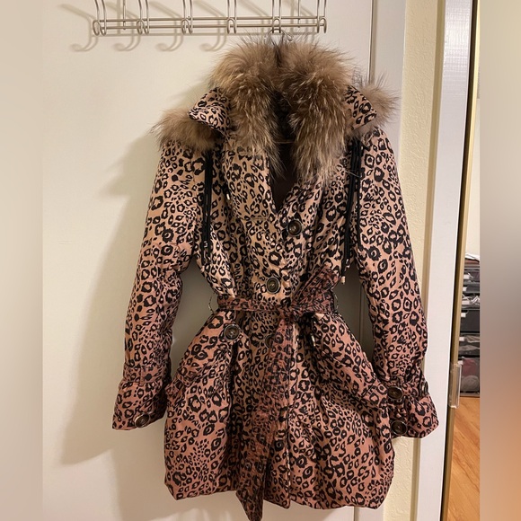 Jackets & Coats | Leopard Print Down Jacket With Fur Trims Puffer ...